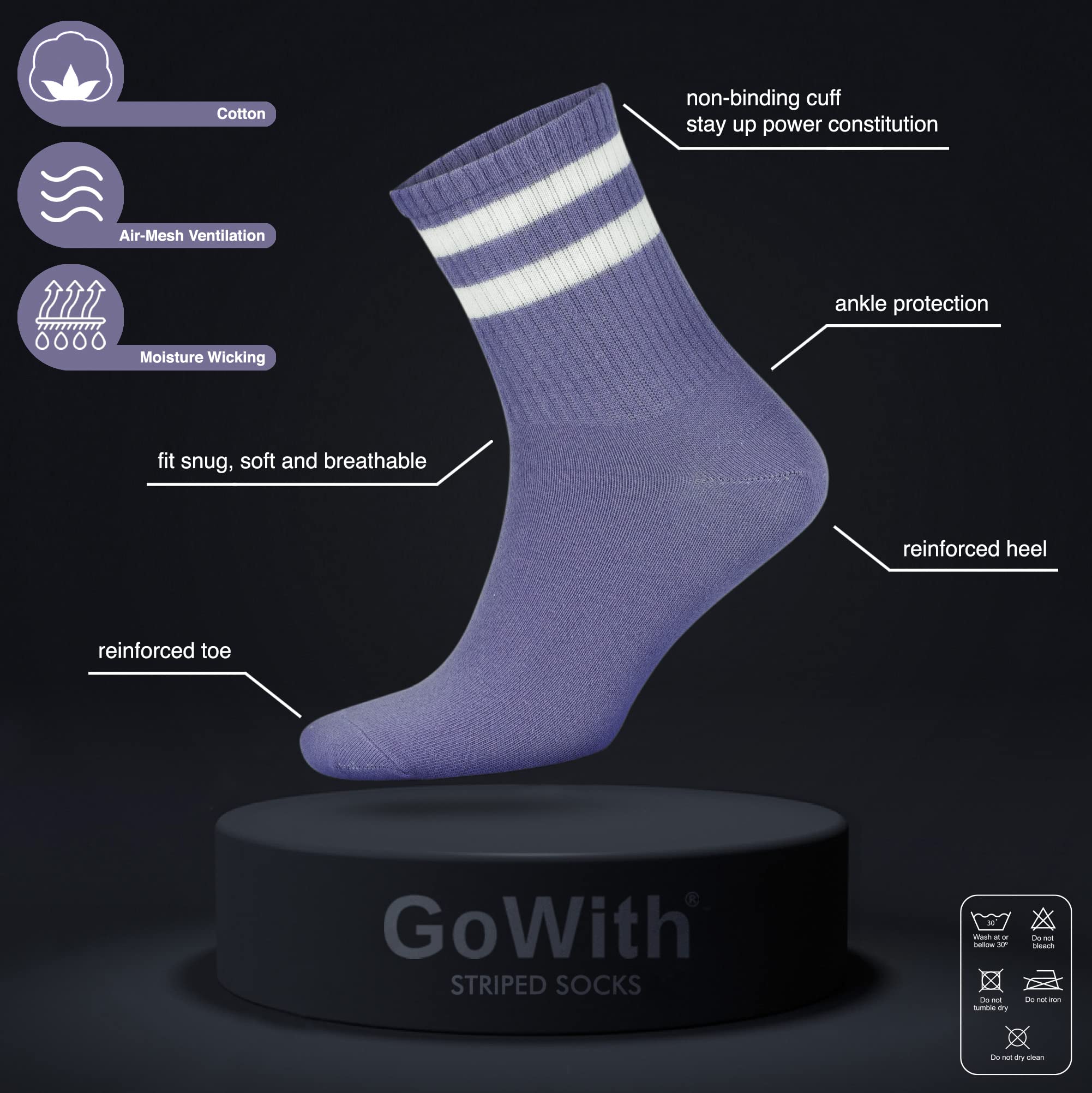 GoWith 3-4 Pairs Cotton Colorful Retro Thin Striped Socks for Men & Women, Casual Soft Lightweight Quarter Socks S/M, Purple, Model 2501