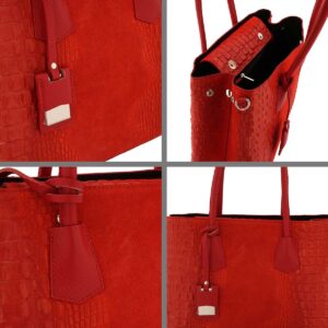 Fioretta Italian Genuine Leather Suede Carryall Top Handle Tote Bag For Women - Red