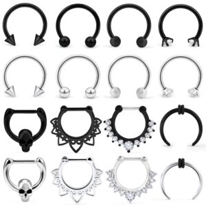 hoeudjo septum clicker rings 16g surgical steel nose hoop rings retainer body piercing jewelry with clear cz women men skull daith helix tragus lip cartilage earrings 16 pieces silver black