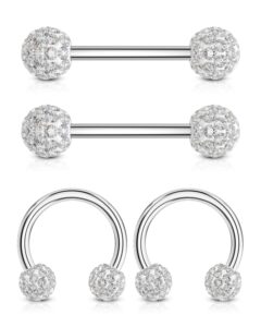 cocharm 4pcs g23 solid titanium nipple rings 14g white nipple rings horseshoes nipple hoop nipple piercing for women cute small diamond paved nipple barbells