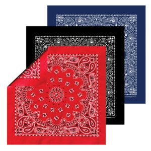 b53 100% cotton bandanas made in the usa - stylish headband, handkerchief, scarf - 21 inch x 21 inch (red, navy, black (3-pack))