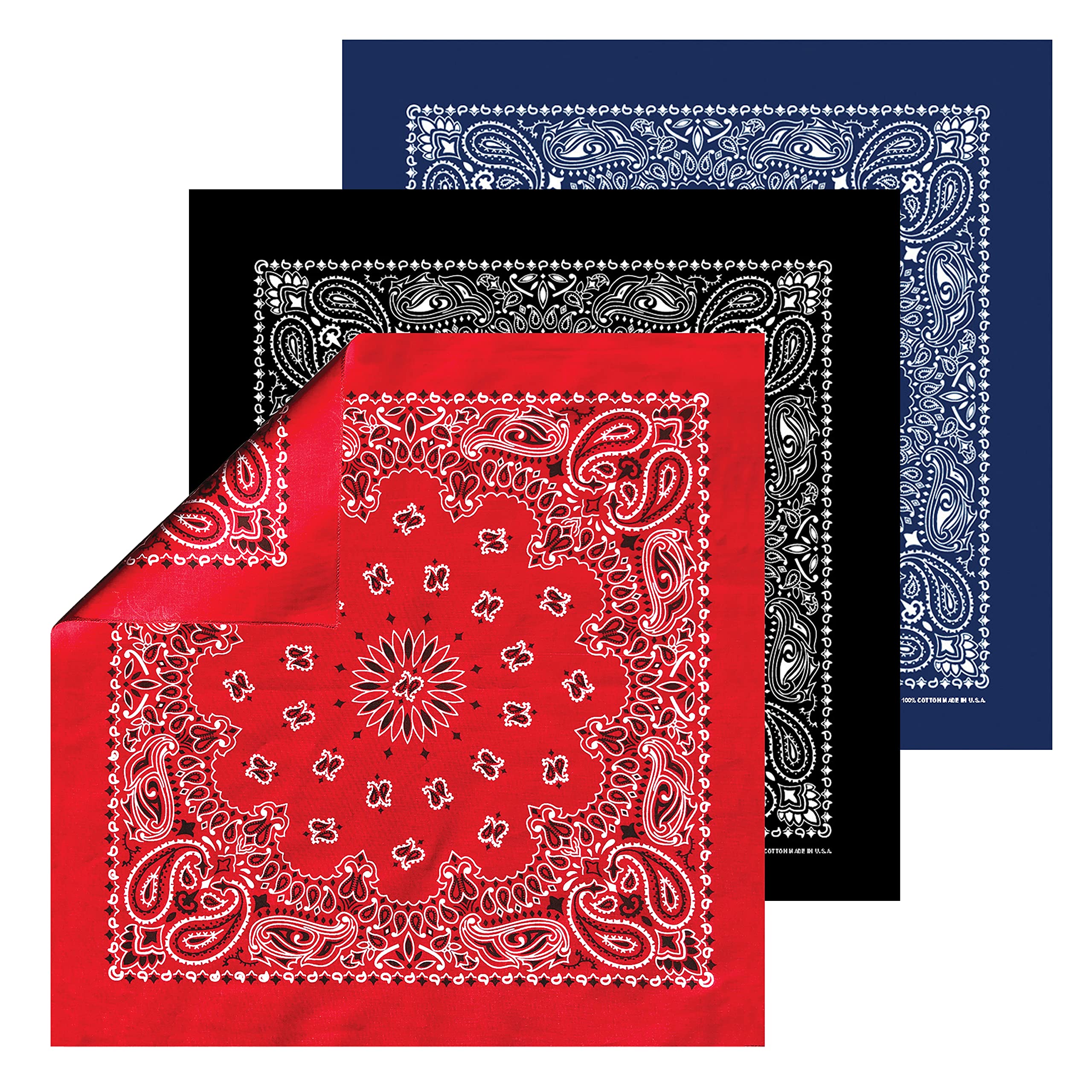 B53 100% Cotton Bandanas Made in the USA - Stylish Headband, Handkerchief, Scarf - 21 inch x 21 inch (Red, Navy, Black (3-pack))