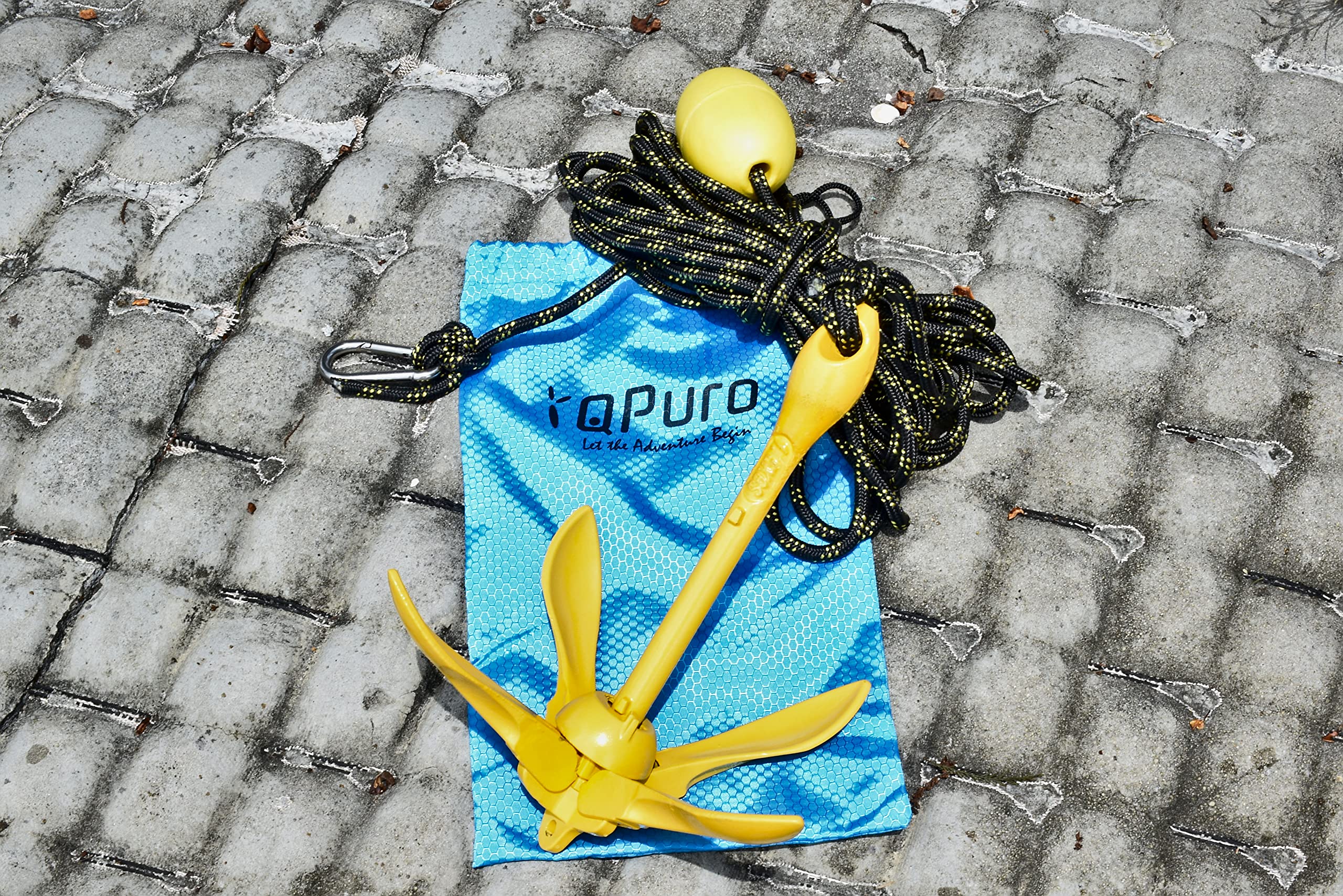 QPURO Kayak Anchor Kit - 3.5 lb Grapnel Anchor, Marine Anchor, Folding Anchor - Ideal for Kayak Fishing, Paddle Boards (SUP), PWC, Jet Ski's, Small Boats (Yellow)