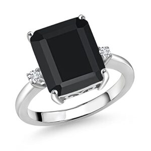 gem stone king 925 sterling silver 12x10mm black onyx and 2mm white lab grown diamond 3 stone engagement ring for women | 5.85 cttw | gemstone december birthstone | size 9