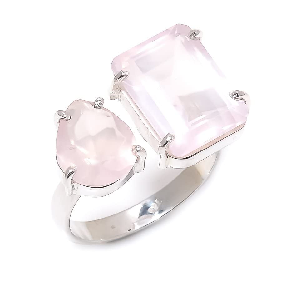 AUDRIELLE 925 Sterling Silver Ring, Rose Quartz Cushion Shape Handmade Gemstone, Adjustable