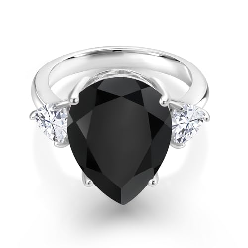 Gem Stone King 925 Sterling Silver Pear Shape Black Onyx and White Moissanite 3 Stone Ring For Women (8.31 Cttw, Gemstone Birthstone, Available In Size 5, 6, 7, 8, 9)