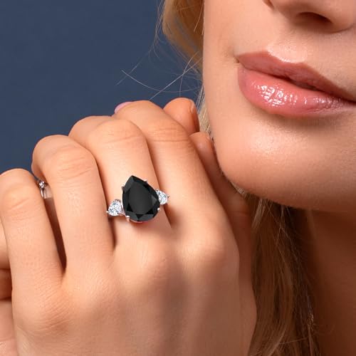 Gem Stone King 925 Sterling Silver Pear Shape Black Onyx and White Moissanite 3 Stone Ring For Women (8.31 Cttw, Gemstone Birthstone, Available In Size 5, 6, 7, 8, 9)