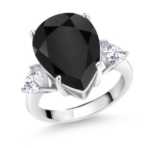 gem stone king 925 sterling silver pear shape black onyx and white moissanite 3 stone ring for women (8.31 cttw, gemstone birthstone, available in size 5, 6, 7, 8, 9)