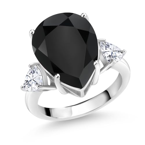 Gem Stone King 925 Sterling Silver Pear Shape Black Onyx and White Moissanite 3 Stone Ring For Women (8.31 Cttw, Gemstone Birthstone, Available In Size 5, 6, 7, 8, 9)