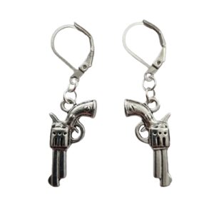 gun charm lever back clip earrings, revolver dangle earrings, west style, quirky jewelry