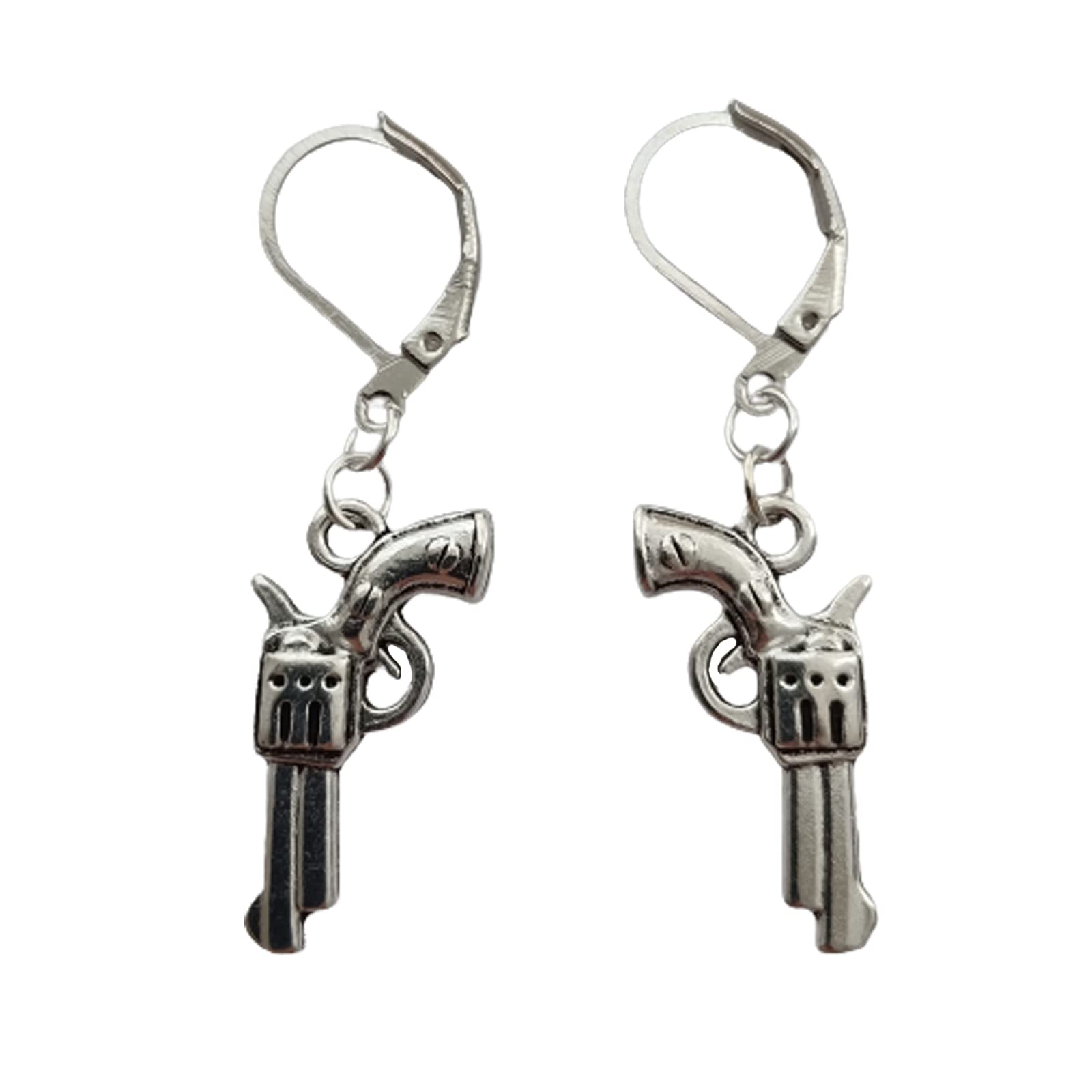 Gun Charm Lever Back Clip Earrings, Revolver Dangle Earrings, West Style, Quirky Jewelry