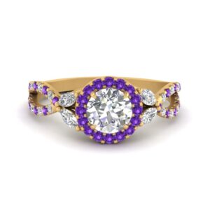 gemsonclick floral split shank halo engagement ring yellow gold plated natural amethyst round shape purple color halo engagement rings prong setting. in size 4 fashion jewelry