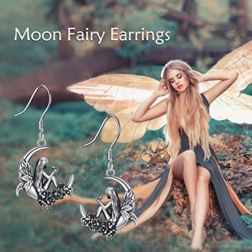 Fairy Earrings 925 Sterling Silver Elf Fairy on Moon Dangle Drop Earrings Jewelry Gifts for Women