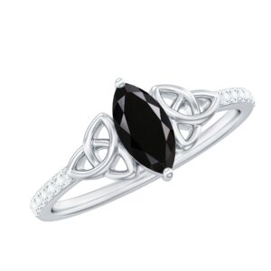 certified onyx celtic knot ring with diamond, natural 4x8 mm marquise shape black onyx celtic design ring for women, aaa quality, 14k white gold, size:us 7.50