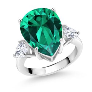 gem stone king 925 sterling silver pear shape green nano emerald and white moissanite 3-stone ring for women (9.19 cttw, available in size 5, 6, 7, 8, 9)