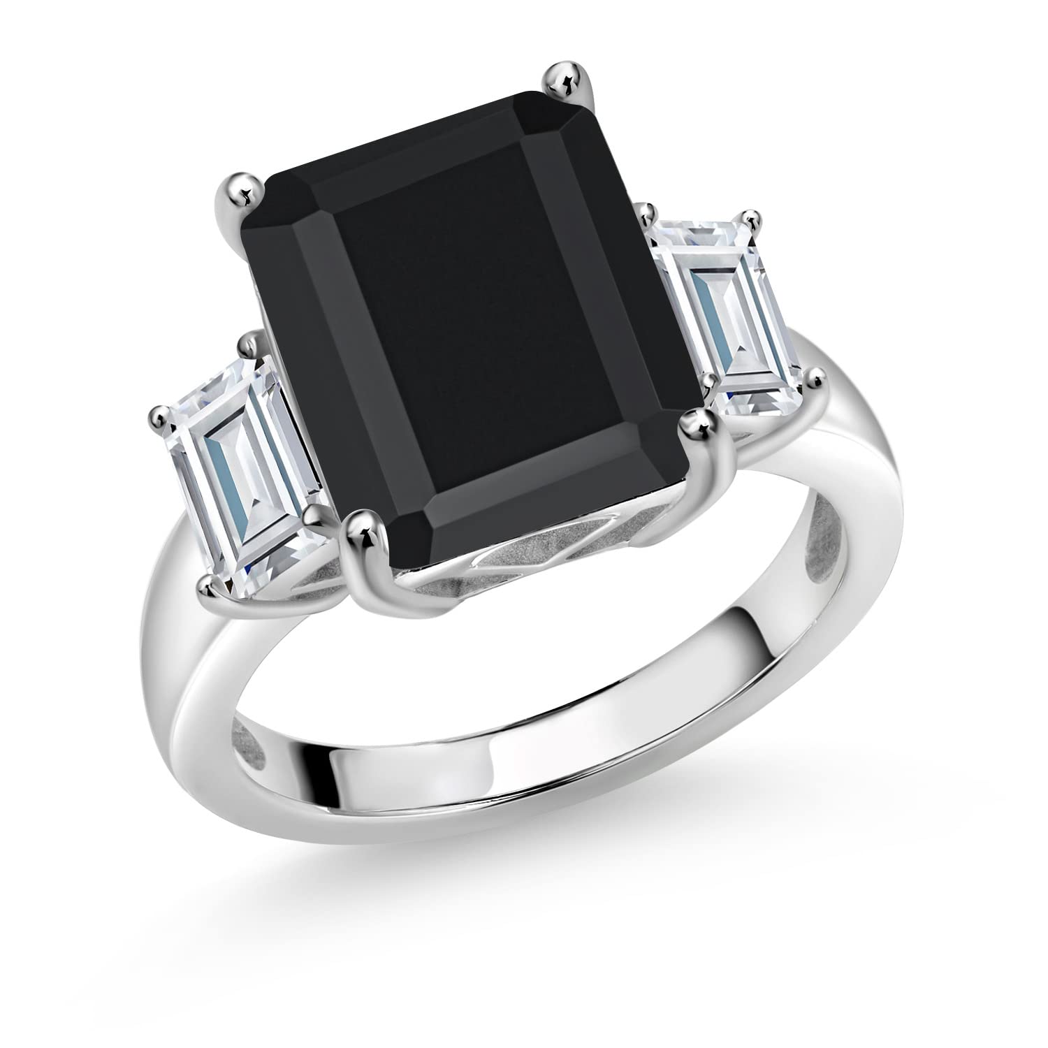 Gem Stone King 925 Sterling Silver Black Onyx and White Moissanite 3 Stone Women Ring (6.91 Cttw, Gemstone Birthstone, Available In Size 5, 6, 7, 8, 9)