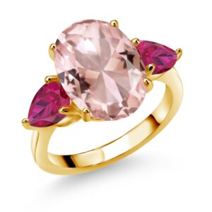 18k yellow gold plated silver peach nano morganite and red created ruby ring for women (11.20 cttw, 14x10mm oval and 7x5mm pear shape, gemstone october birthstone, available in size 5, 6, 7, 8, 9)