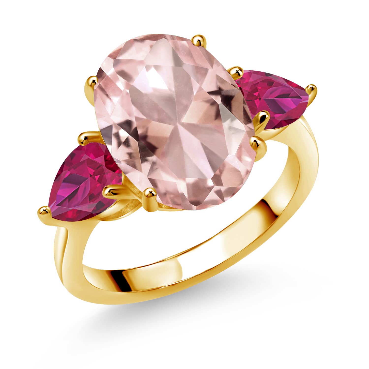 18K Yellow Gold Plated Silver Peach Nano Morganite and Red Created Ruby Ring For Women (11.20 Cttw, 14X10MM Oval and 7X5MM Pear Shape, Gemstone October Birthstone, Available In Size 5, 6, 7, 8, 9)