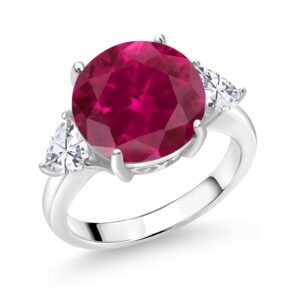 gem stone king 925 sterling silver red created ruby and white moissanite 3-stone ring for women (7.94 cttw, round 12mm, trillion 5mm, available in size 5, 6, 7, 8, 9)