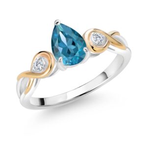 gem stone king 925 silver and 10k yellow gold pear shape london blue topaz and white lab grown diamond engagement ring for women (1.47 cttw, gemstone birthstone, available in size 5, 6, 7, 8, 9)