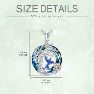 TOUPOP Insect Animal Theme Tree of Life Sterling Silver Hummingbird Pendant Necklace with Blue Crystal Cremation Jewelry Birthday Memorial Gifts for Women, Deep Blue Hummingbird