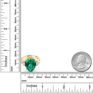 Gem Stone King 18K Yellow Gold Plated Silver Pear Shape Green Nano Emerald and White Moissanite 3-Stone Ring For women (9.19 Cttw, Available In Size 5, 6, 7, 8, 9)