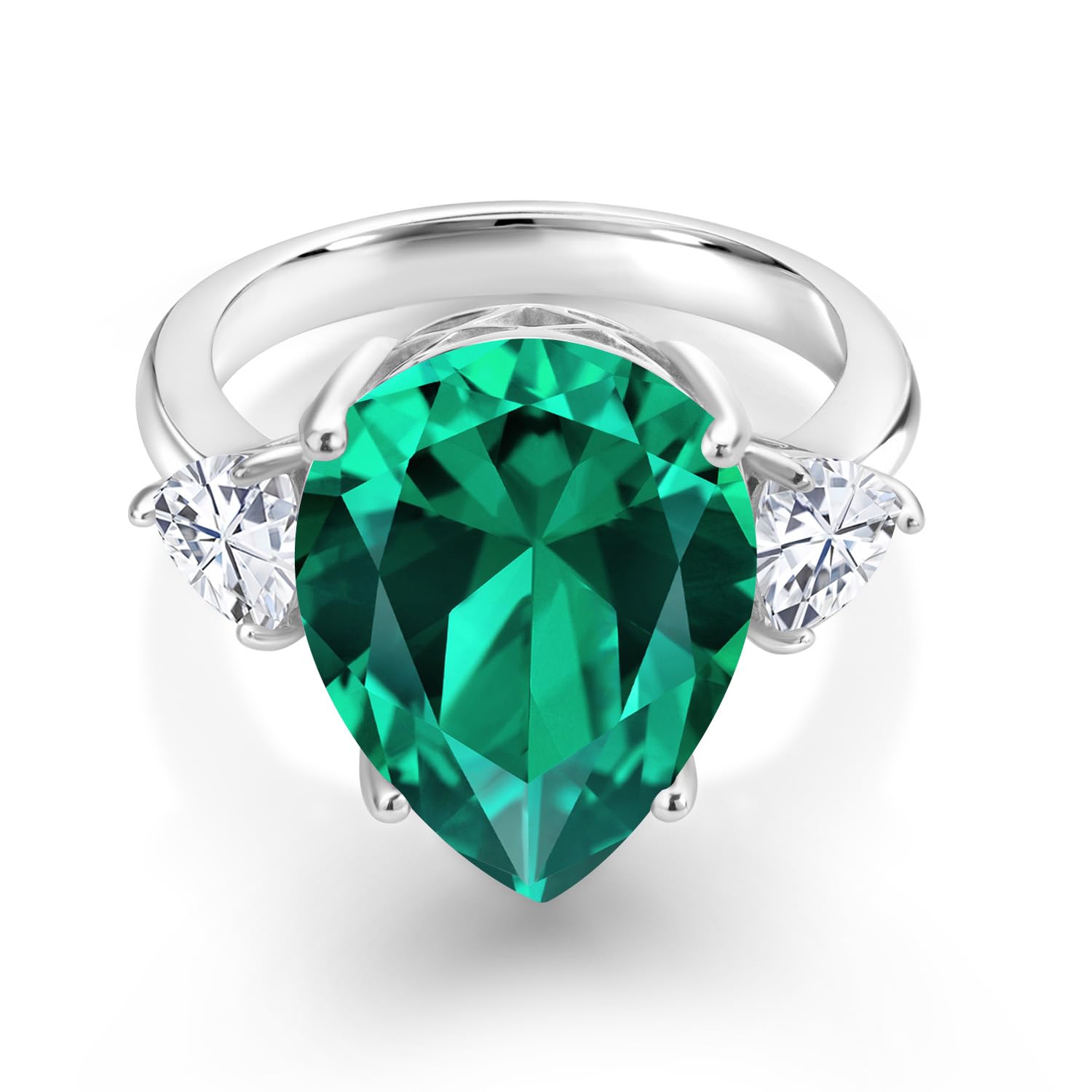 Gem Stone King 925 Sterling Silver Pear Shape Green Nano Emerald and White Moissanite 3-Stone Ring For Women (9.19 Cttw, Available In Size 5, 6, 7, 8, 9)