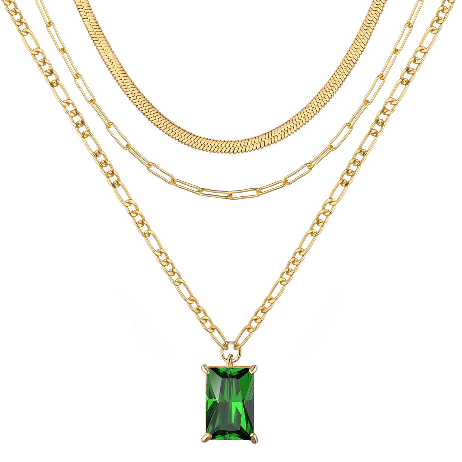 MOONLIT DEW 18K Gold Necklace for Women 3 Layered Necklaces for Women Choker CZ Emerald Birthstone Necklace for Women