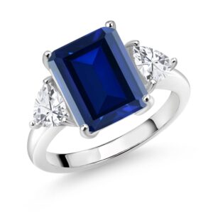 gem stone king 925 sterling silver blue created sapphire 3 stone engagement ring for women (5.54 cttw, emerald cut 12x10mm, trillion 5mm, available in size 5, 6, 7, 8, 9)