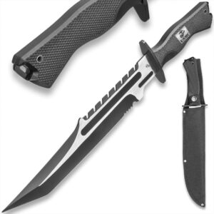 usmc operation mako knife | 10 3/4" full-tang stainless steel blade | sawback and partial serrations | hard tpu handle | nylon belt sheath | 16 1/2" overall length