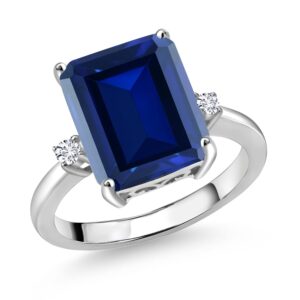 gem stone king 925 sterling silver 12x10mm blue simulated sapphire and 2mm white lab grown diamond 3 stone engagement ring for women | 6.78 cttw | gemstone september birthstone | size 9