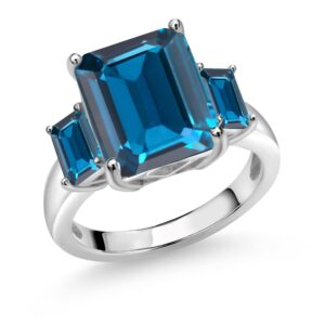 gem stone king 8.82 cttw london blue topaz 3-stone ring for women in 925 sterling silver | gemstone birthstone | emerald cut 12x10mm and 6x4mm | available in size 5, 6, 7, 8, 9