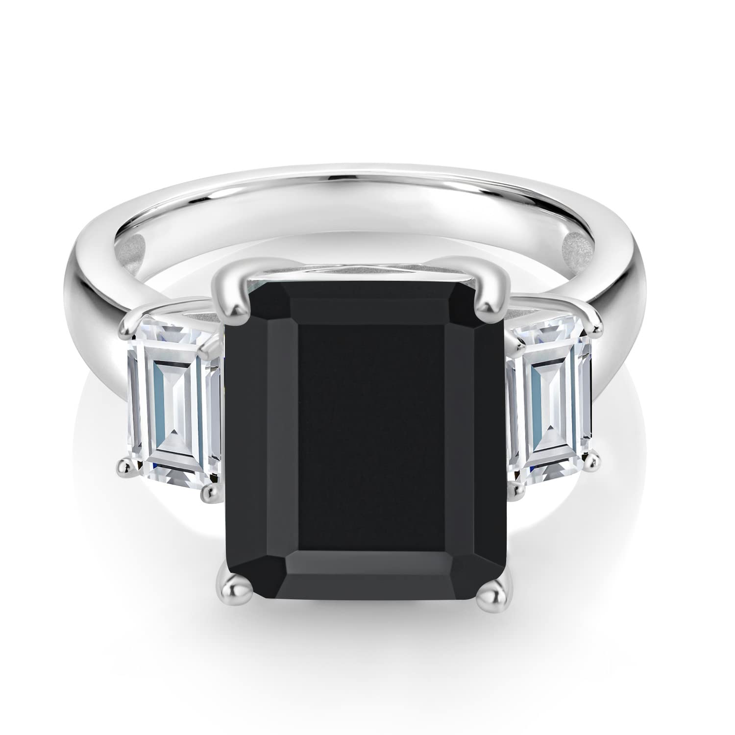 Gem Stone King 925 Sterling Silver Black Onyx and White Moissanite 3 Stone Women Ring (6.91 Cttw, Gemstone Birthstone, Available In Size 5, 6, 7, 8, 9)