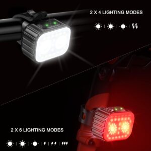 Cuvccn Bike Lights, Rechargeable Bicycle Lights Set Super Bright 8+12 Modes, IPX6 Waterproof Bike Lights for Night Riding/Cycling Safety, Front and Back Taillight Reflectors, 58 Hrs Long Battery Life