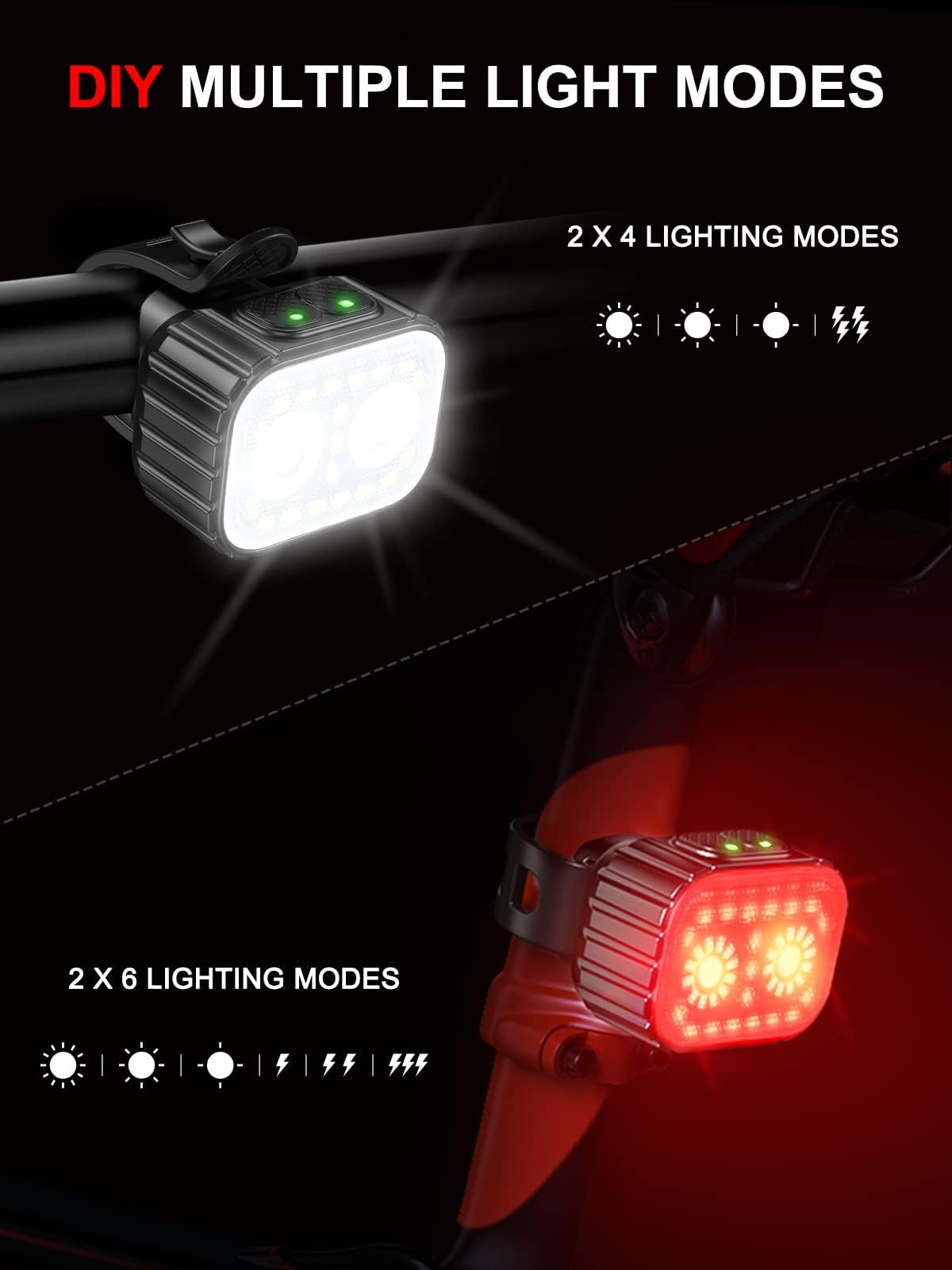 Cuvccn Bike Lights, Rechargeable Bicycle Lights Set Super Bright 8+12 Modes, IPX6 Waterproof Bike Lights for Night Riding/Cycling Safety, Front and Back Taillight Reflectors, 58 Hrs Long Battery Life