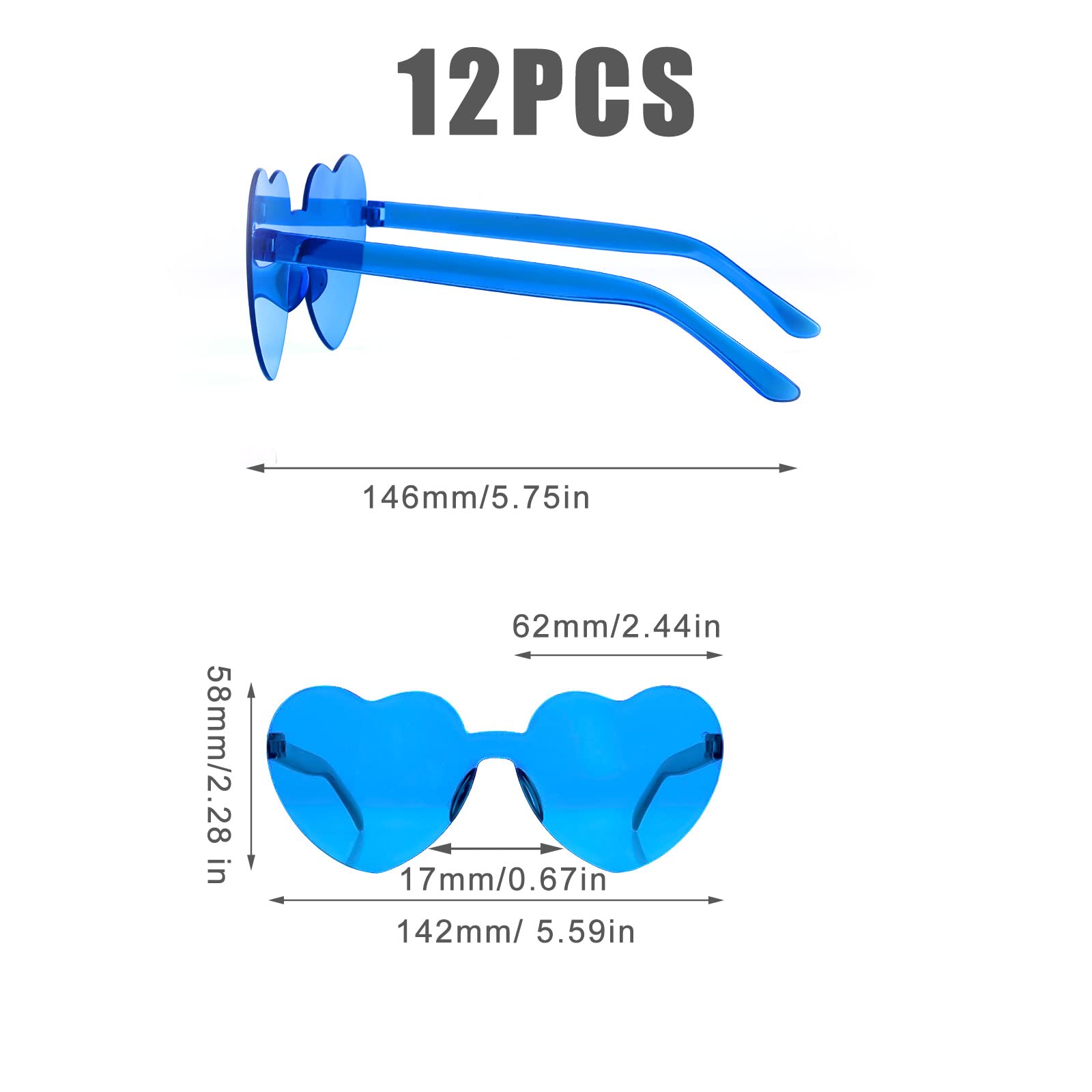 KINBOM 12pcs Heart Shaped Rimless Sunglasses, Love Heart Transparent Tinted Sunglasses Frameless Candy Color Eyewear for Women Party Cosplay (Blue)