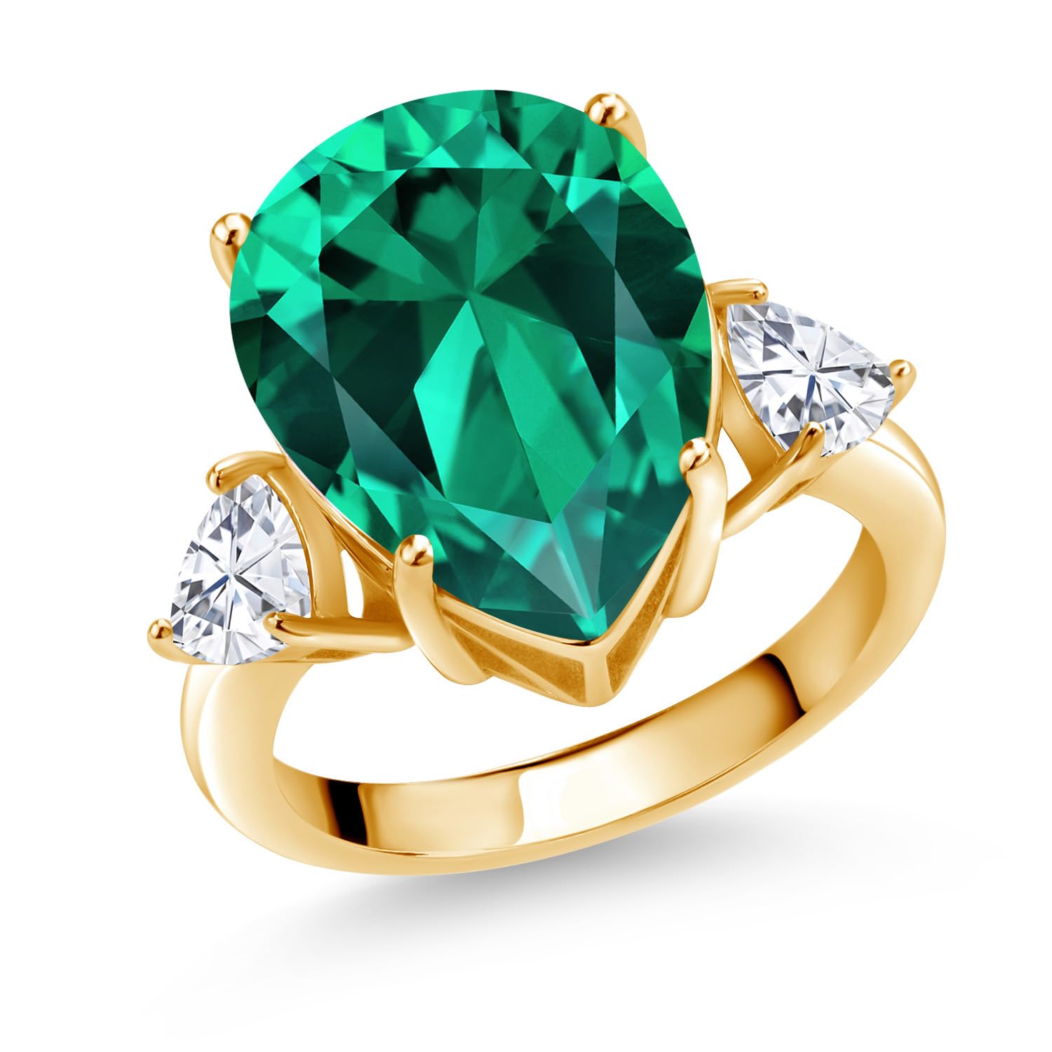 Gem Stone King 18K Yellow Gold Plated Silver Pear Shape Green Nano Emerald and White Moissanite 3-Stone Ring For women (9.19 Cttw, Available In Size 5, 6, 7, 8, 9)