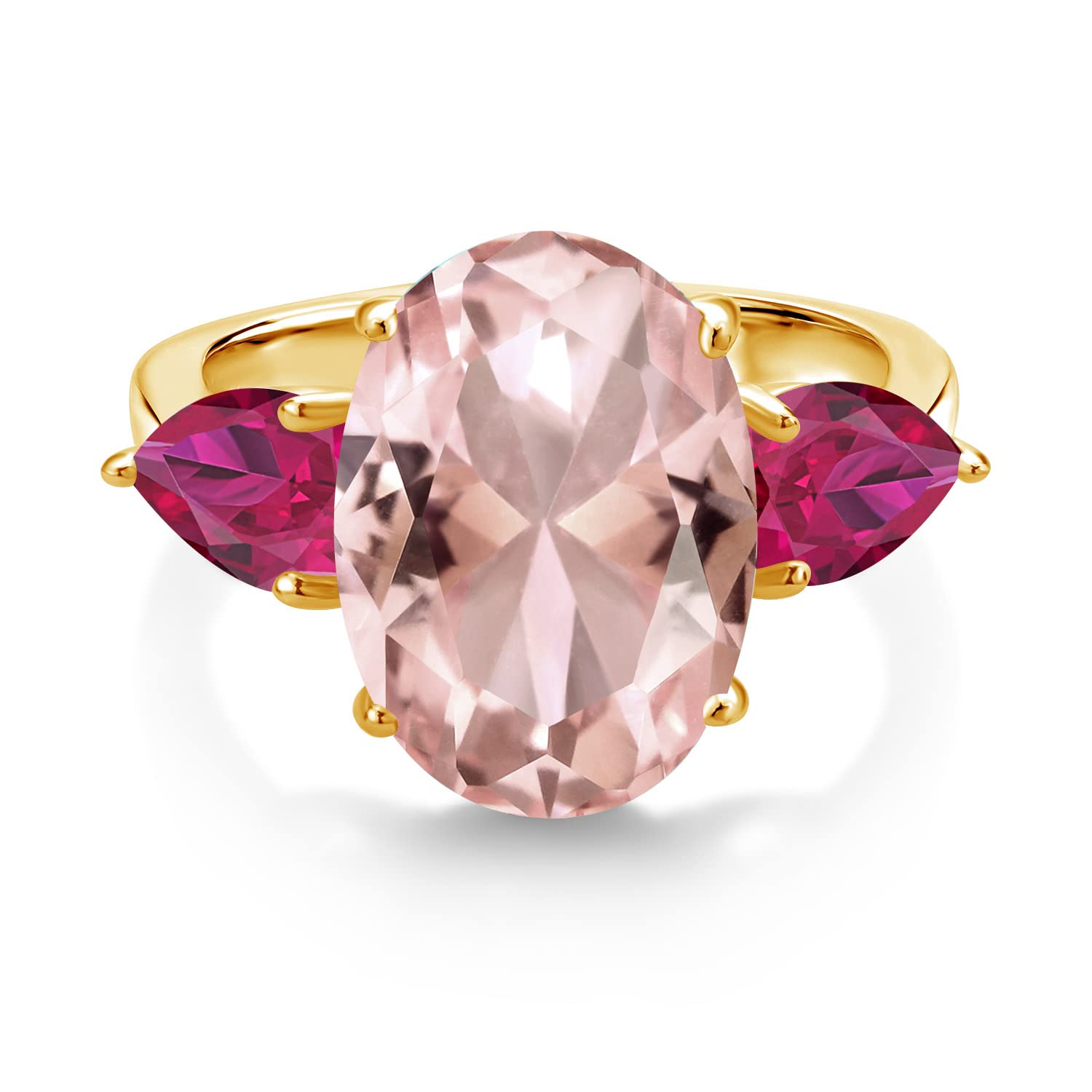 18K Yellow Gold Plated Silver Peach Nano Morganite and Red Created Ruby Ring For Women (11.20 Cttw, 14X10MM Oval and 7X5MM Pear Shape, Gemstone October Birthstone, Available In Size 5, 6, 7, 8, 9)