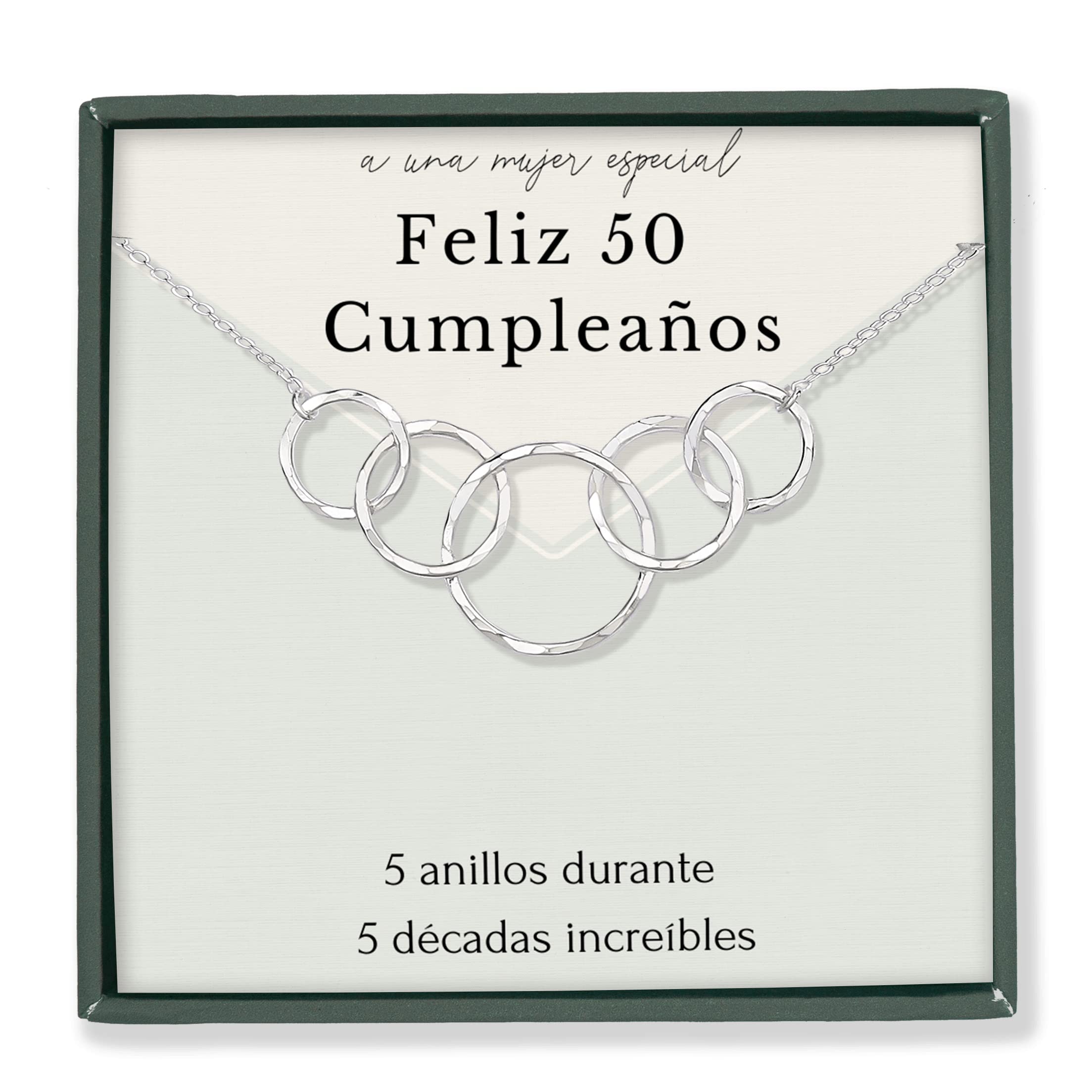 50th Birthday Gift for Women 5 Rings 5 Decade Necklace (in Spanish) Collar Regalo para Mujer Mama Jewelry for Mom Wife Daughter Sister Best Friend Ideas Turning 50-Year-Old Sterling Silver / Gold