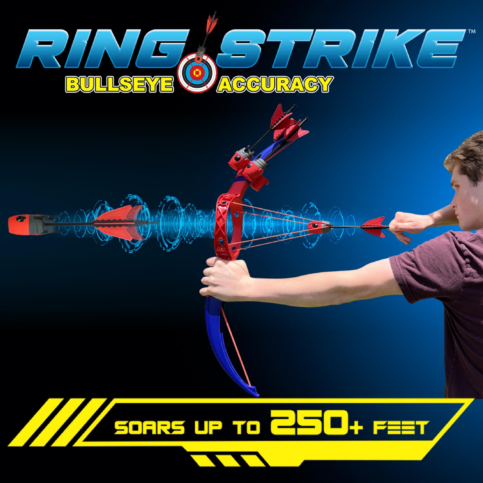 Funwares Ring Strike Archery Bow and Arrow Launches Arrows Over 200 Feet, includes 1 Kid-Powered Bow and 4 Whistling Foam Tipped Arrows