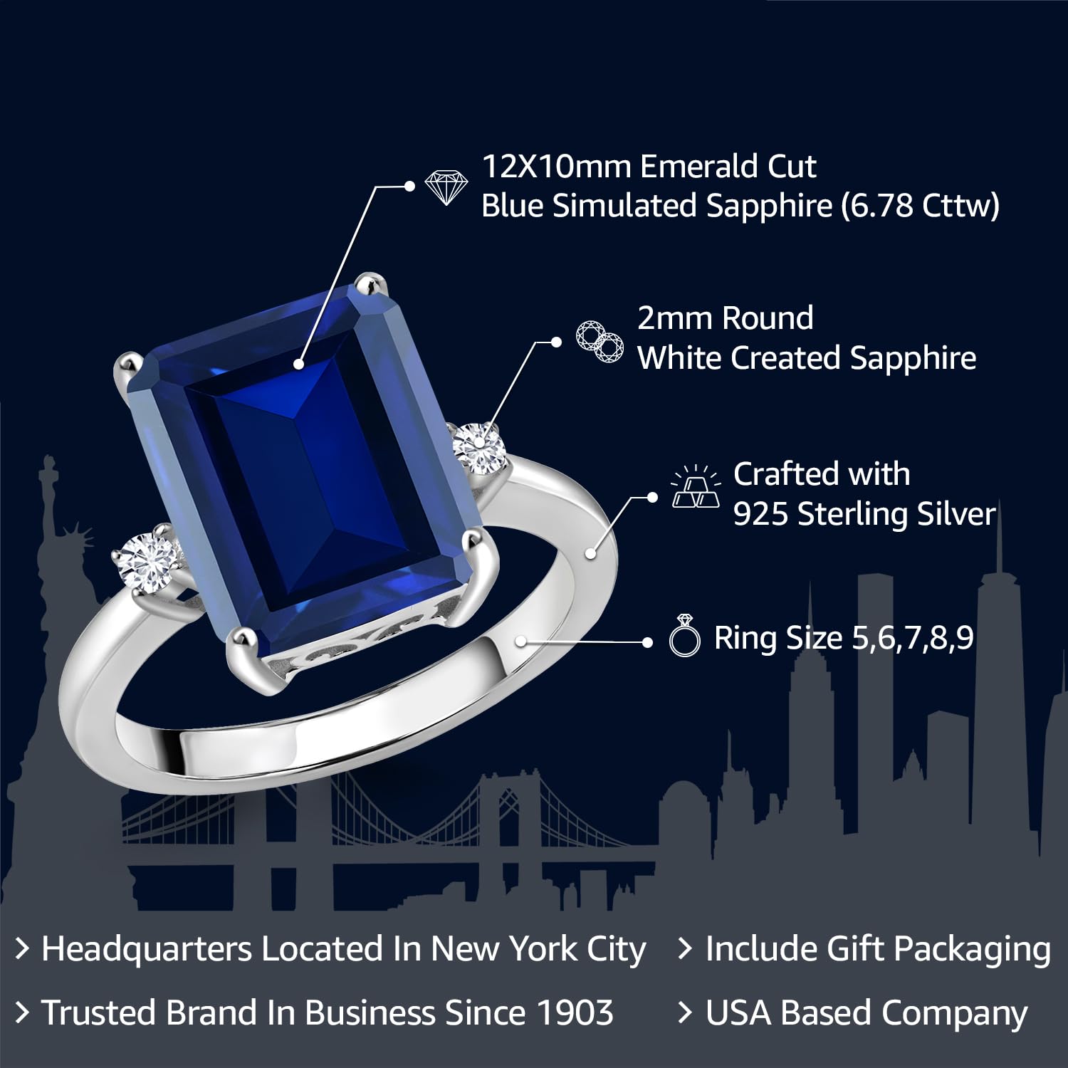 Gem Stone King 925 Sterling Silver 12X10MM Blue Simulated Sapphire and 2MM White Created Sapphire 3 Stone Engagement Ring For Women | 6.78 Cttw | Gemstone September Birthstone | Size 6