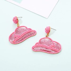 UYT Glitter Beaded Earrings Fun Western Cowgirl Hat Earrings Western Cowboy Wedding Drop Dangle Earrings for Women Bridal Shower Fashion Jewelry Gift (pink)