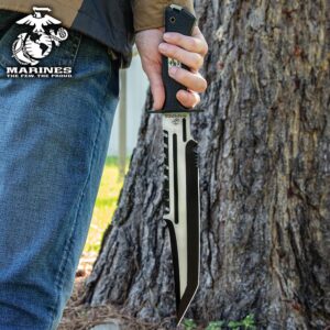 USMC Operation Mako Knife | 10 3/4" Full-Tang Stainless Steel Blade | Sawback and Partial Serrations | Hard TPU Handle | Nylon Belt Sheath | 16 1/2" Overall Length