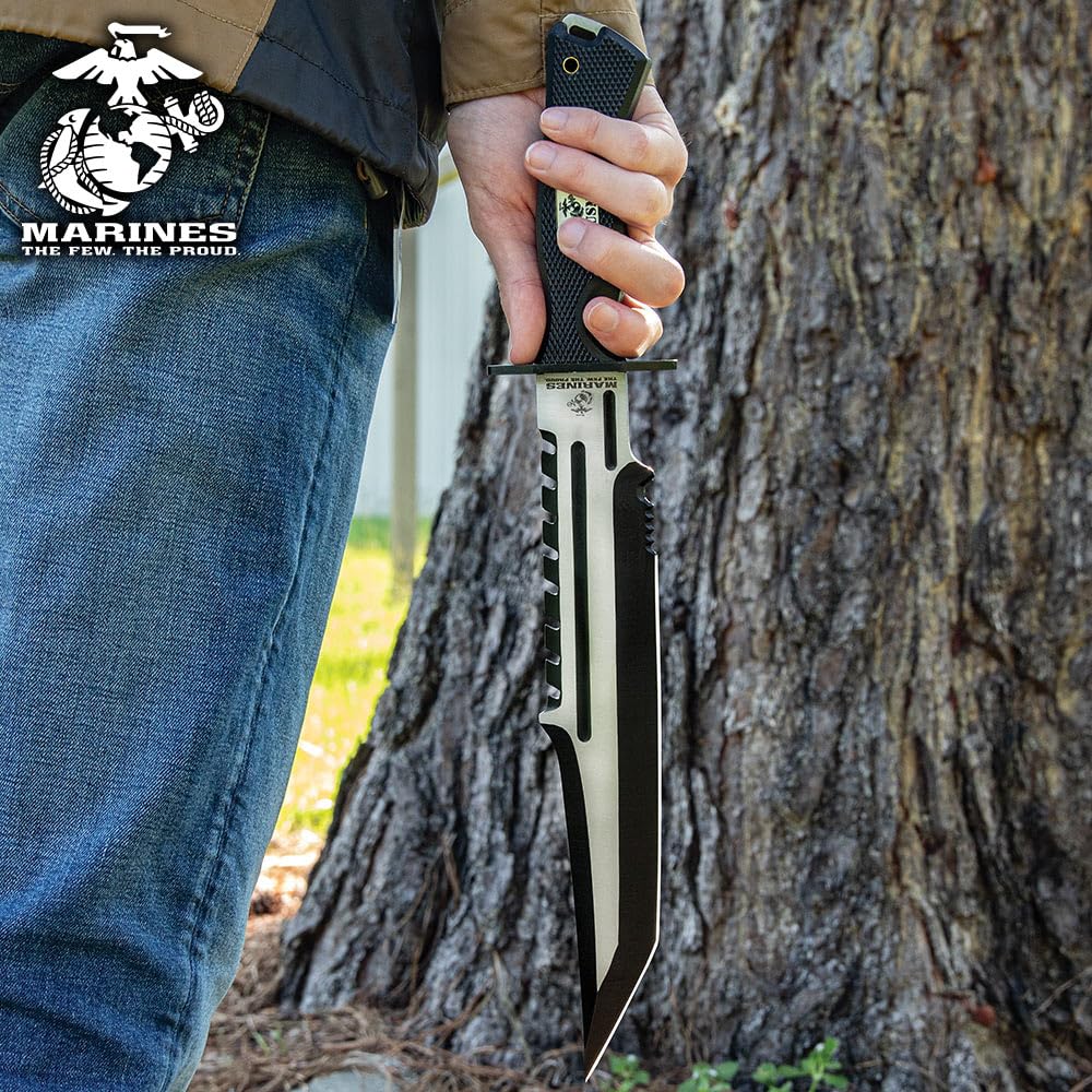 USMC Operation Mako Knife | 10 3/4" Full-Tang Stainless Steel Blade | Sawback and Partial Serrations | Hard TPU Handle | Nylon Belt Sheath | 16 1/2" Overall Length