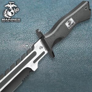 USMC Operation Mako Knife | 10 3/4" Full-Tang Stainless Steel Blade | Sawback and Partial Serrations | Hard TPU Handle | Nylon Belt Sheath | 16 1/2" Overall Length