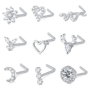 tokring 18g silver nose rings studs surgical steel l shaped cz heart butterfly flower moon nose piercing jewelry for women men