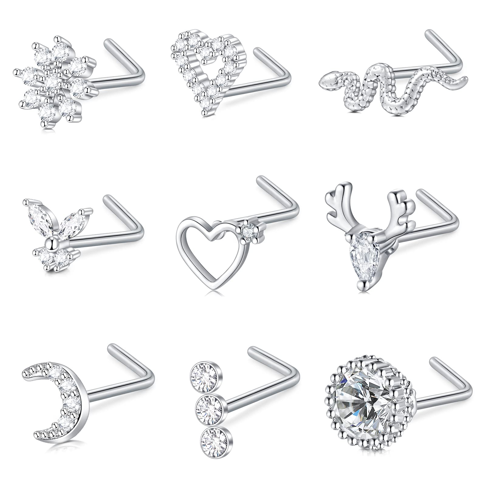 TOKRING 18G Silver Nose Rings Studs Surgical Steel L Shaped CZ Heart Butterfly Flower Moon Nose Piercing Jewelry for Women Men