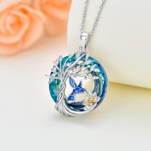 TOUPOP Insect Animal Theme Tree of Life Sterling Silver Hummingbird Pendant Necklace with Blue Crystal Cremation Jewelry Birthday Memorial Gifts for Women, Deep Blue Hummingbird