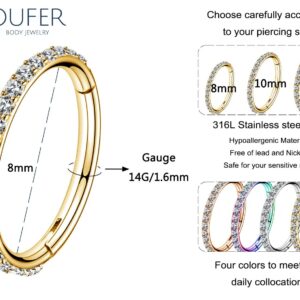 OUFER 14G Gold Belly Button Rings, 316L Surgical Steel Belly Button Hoop Jewelry, Clear CZ Paved Belly Hoop Rings, Belly Piercing Jewelry-8MM