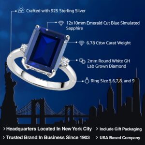 Gem Stone King 925 Sterling Silver 12X10MM Blue Simulated Sapphire and 2MM White Lab Grown Diamond 3 Stone Engagement Ring For Women | 6.78 Cttw | Gemstone September Birthstone | Size 9